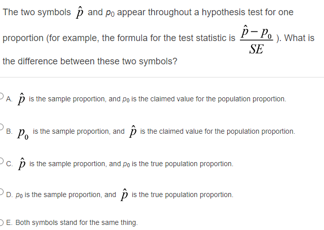The two symbols p̂ and p0 appear throughout a hypothesis test for one ...