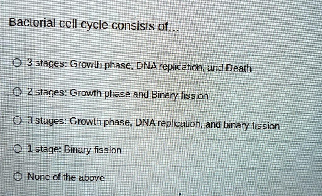 Bacterial cell cycle consists of... 3 stages: Growth phase, DNA ...