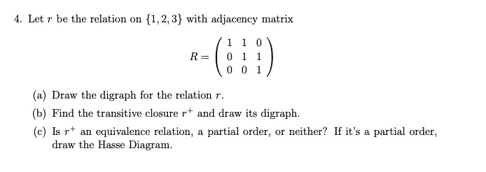 SOLVED: Let R be the relation on 1,2,3 with adjacency matrix R= (89). Draw the digraph for the ...