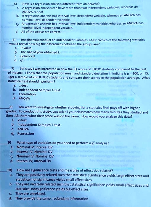 SOLVED: 5-10 5) How is a regression analysis different from an ANOVA? a. A regression analysis ...