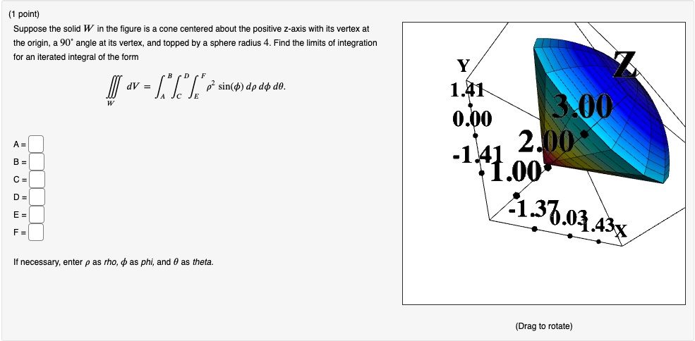SOLVED: point) Suppose the solid W in the figure cone centered about ...