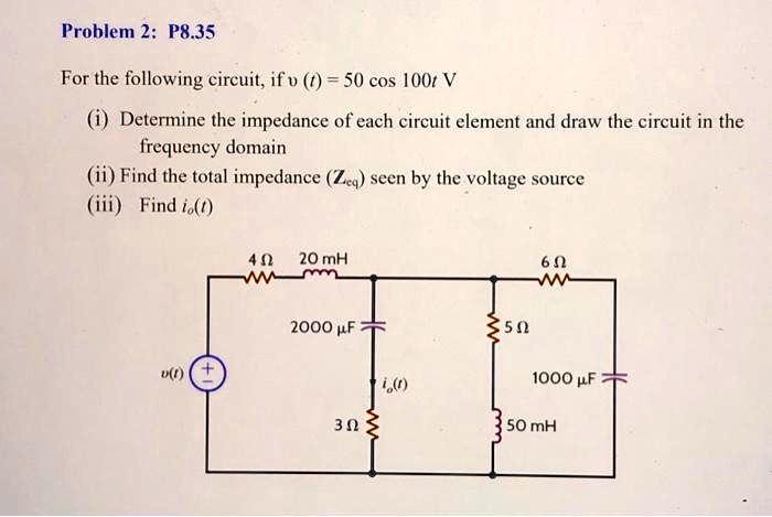 SOLVED: Problem 2: P8.35 For the following circuit, if v(t) = 50 cos 100t V: (i) Determine the ...