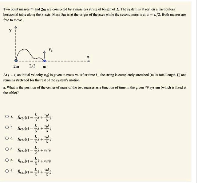 Two point masses m and 2m are connected by a massless string of length of L. The system is at ...