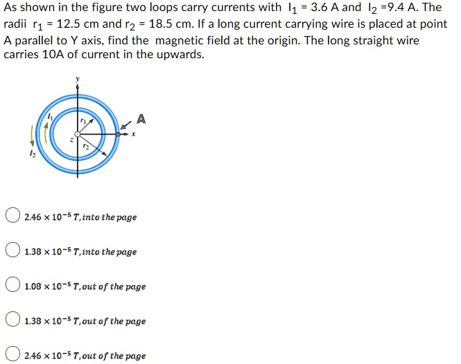 as shown in the figure two loops carry currents with i1 36 aand i2 94 a the radii r1 125 cm and ...