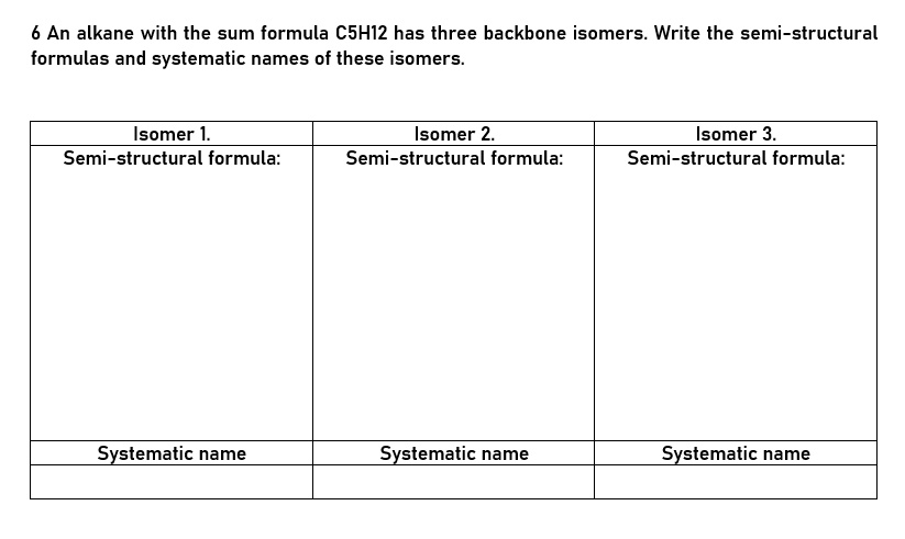 SOLVED: An alkane with the sum formula C5HI2 has three backbone isomers ...