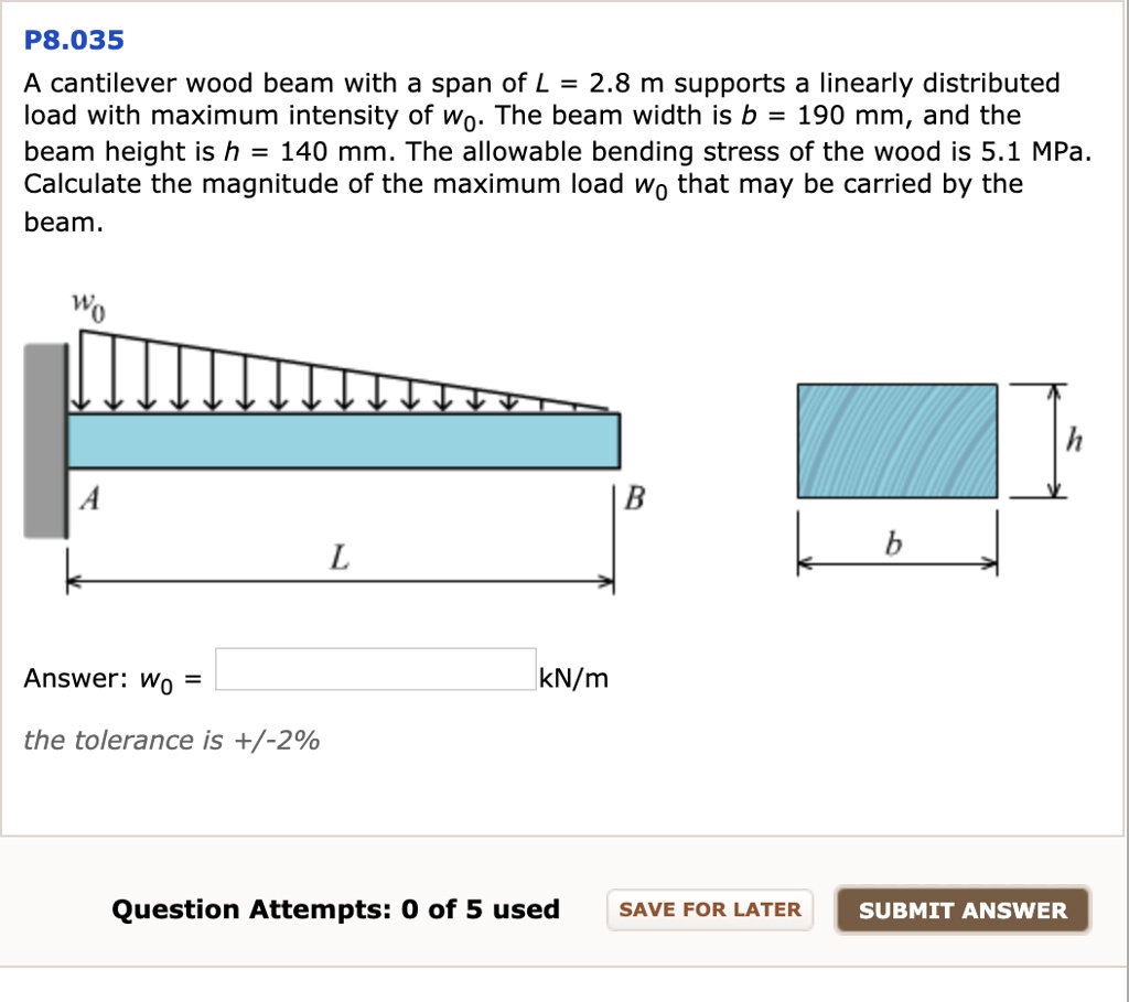 SOLVED: A cantilever wood beam with a span of L = 2.8 m supports a linearly distributed load ...