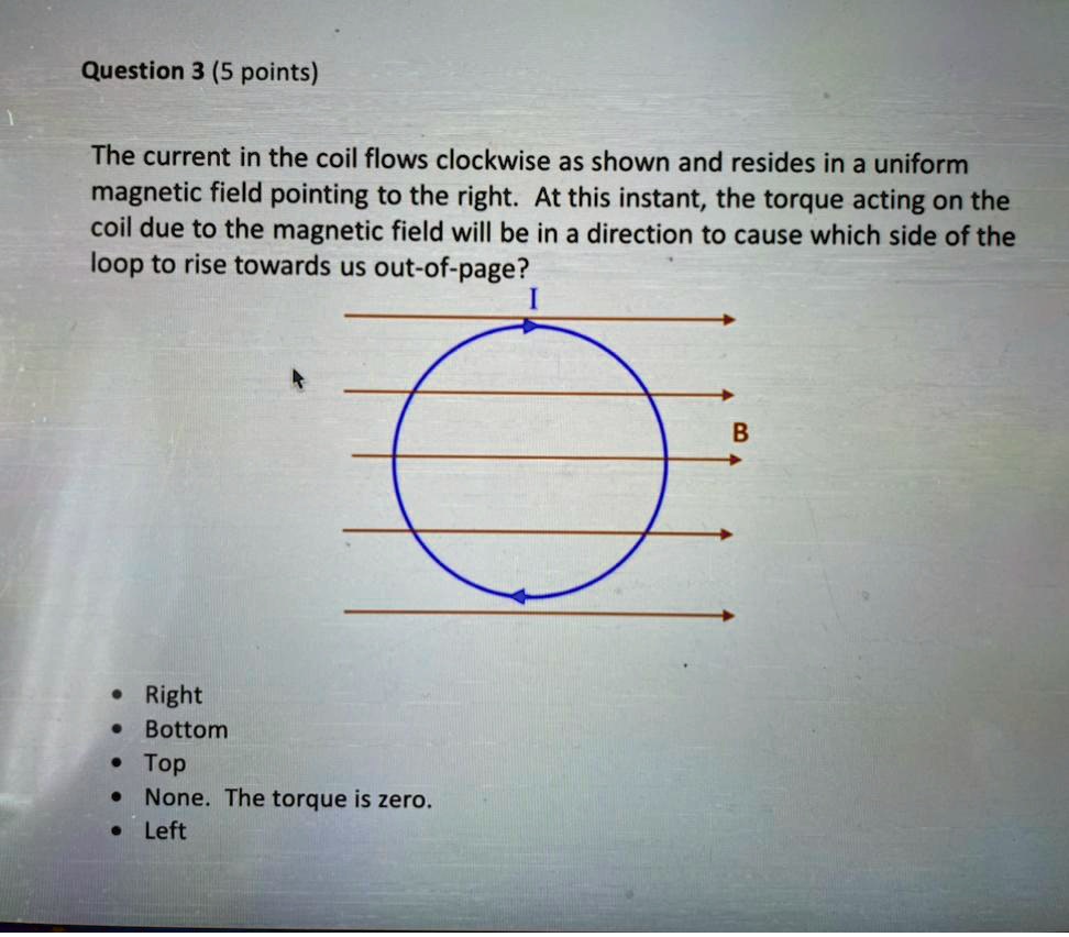 SOLVED: Question 3 (5 points) The current in the coil flows clockwise as shown and resides in a ...