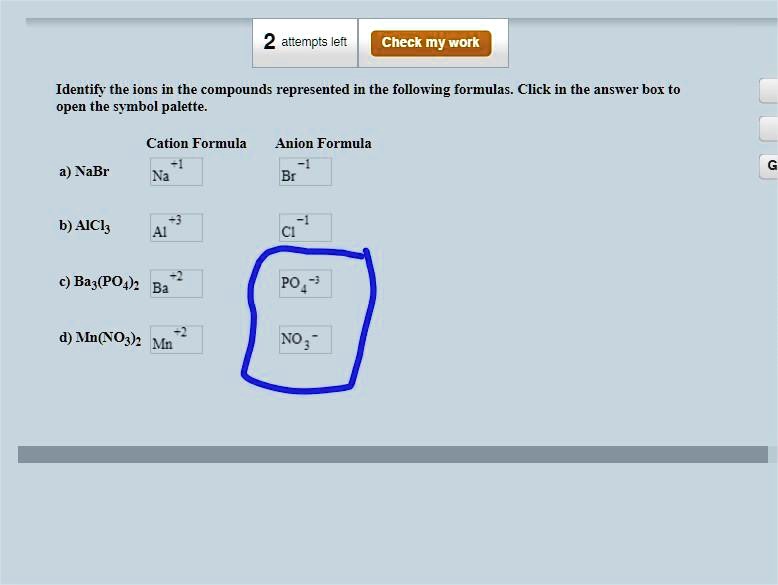 SOLVED: Check my work Identify the ions in the compounds represented in the following formulas ...