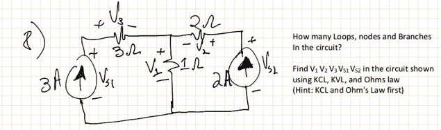 8) 3A + 3? + V1 ? V3 2? ? V2 + 1? 2A V52 How many Loops, nodes and Branches in the circuit? Find ...