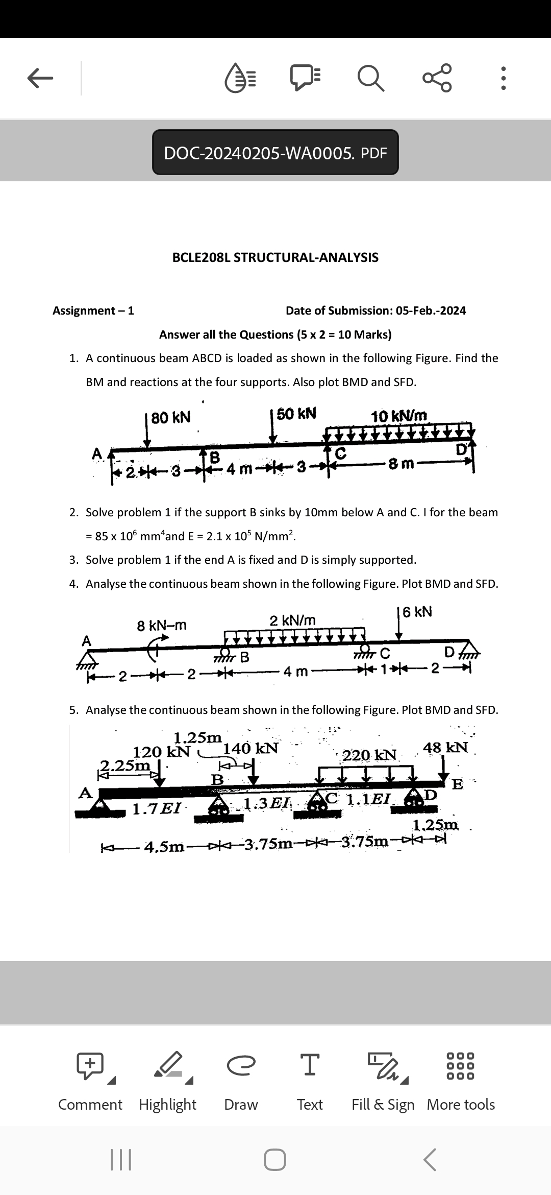 ?? Q ∞0^∞ DOC-20240205-WA0005. PDF BCLE208L STRUCTURAL-ANALYSIS Assignment - 1 Date of ...