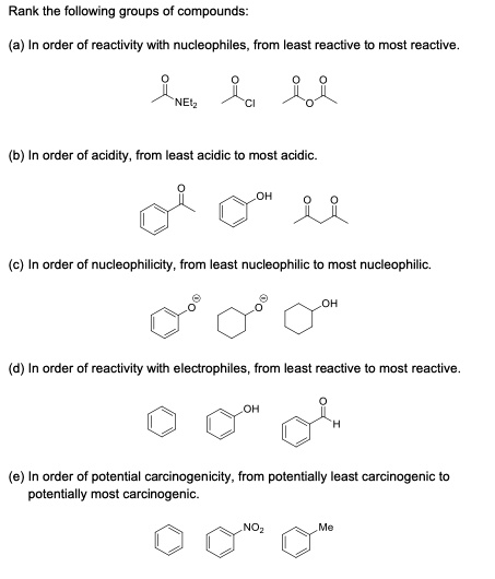 SOLVED: Rank the following groups of compounds (a) In order of reactivity with nucleophiles ...