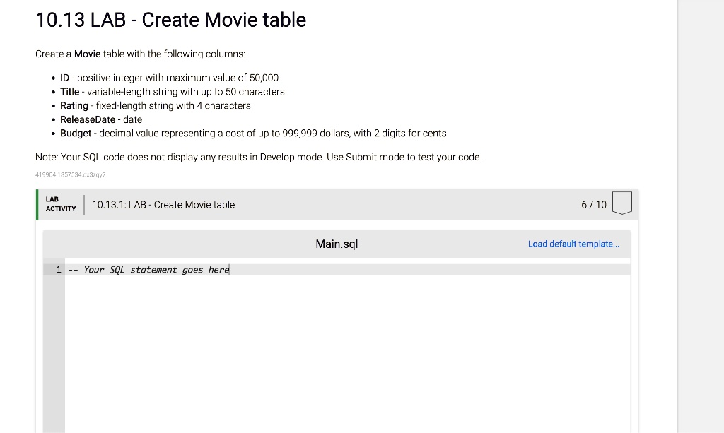 In Sql Code Please 1013 Lab Create Movie Table Create A Movie Table With The Following Columns