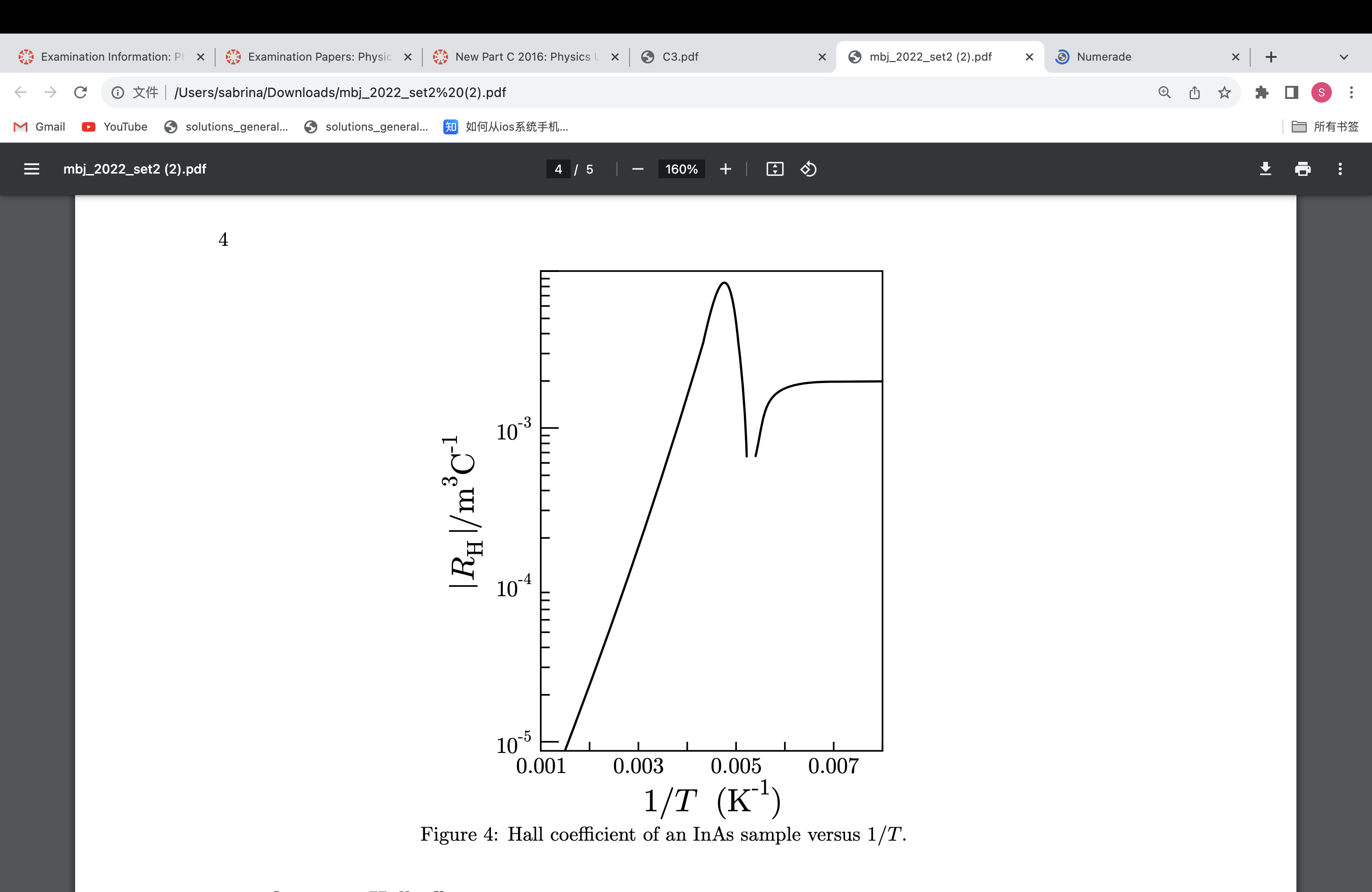 SOLVED: 4 Figure 4: Hall coefficient of an InAs sample versus 1/T.