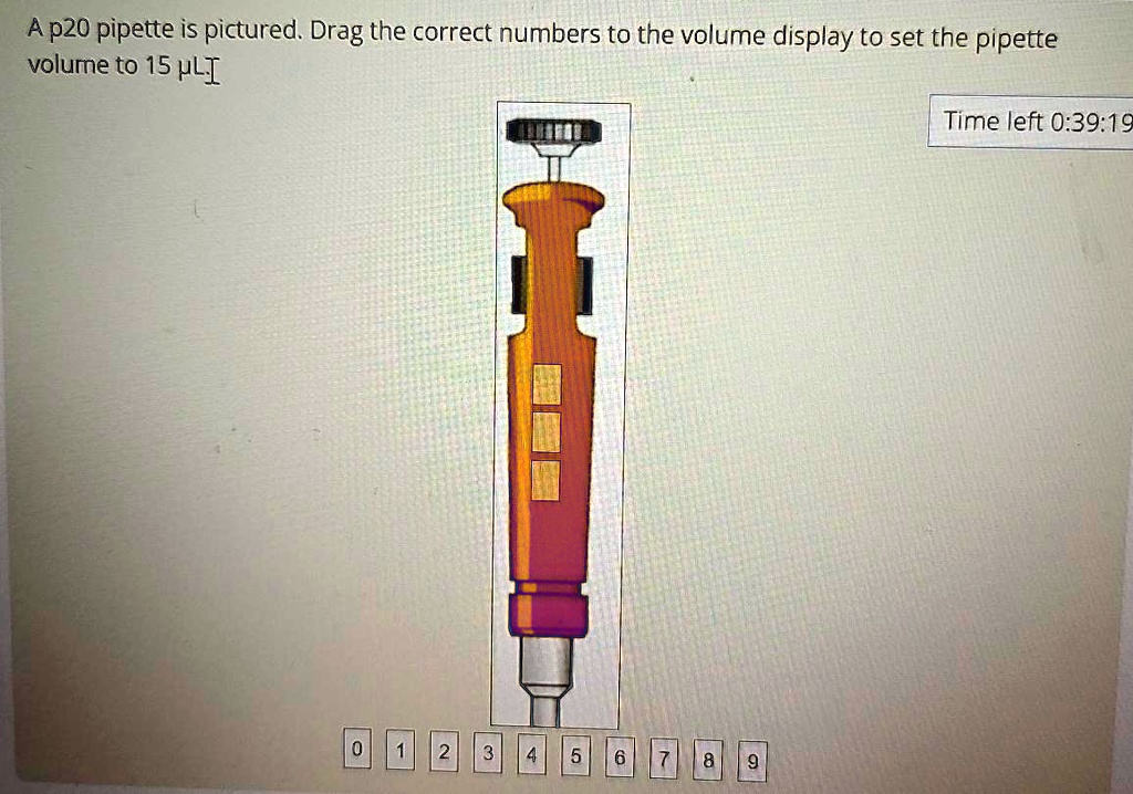 SOLVED: A p20 pipette is pictured. Drag the correct numbers to the ...