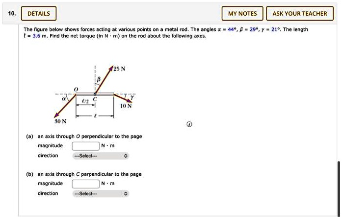 SOLVED: The figure below shows forces acting at various points on a metal rod. The angles a = 44 ...