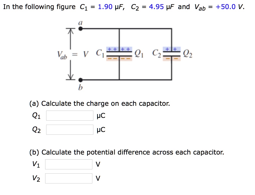 SOLVED: In the following figure C1 = 1.90 uF, C2 = 4.95 F and Vab = +50.0 V. a ++++ Q1 ++ Q2 Vob ...