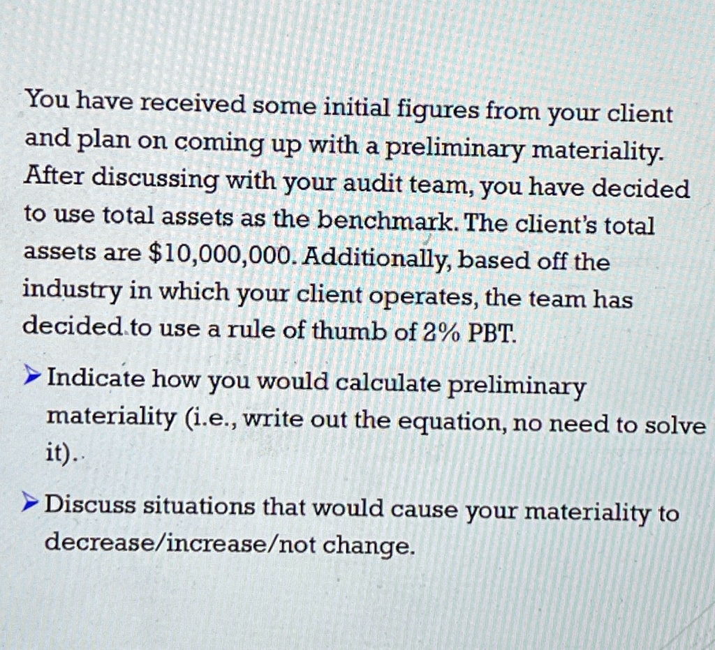 You have received some initial figures from your client and plan on ...