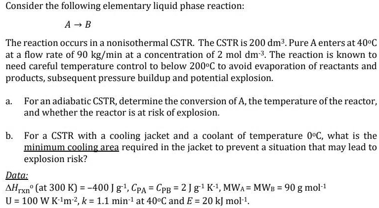 consider the following elementary liquid phase reaction ab the reaction ...