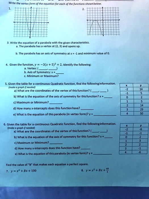 SOLVED:Write the vertex form of the equation for eoch of the functions ...