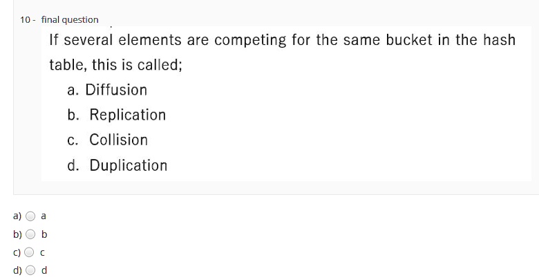 SOLVED: If several elements are competing for the same bucket in the hash table, this is called ...