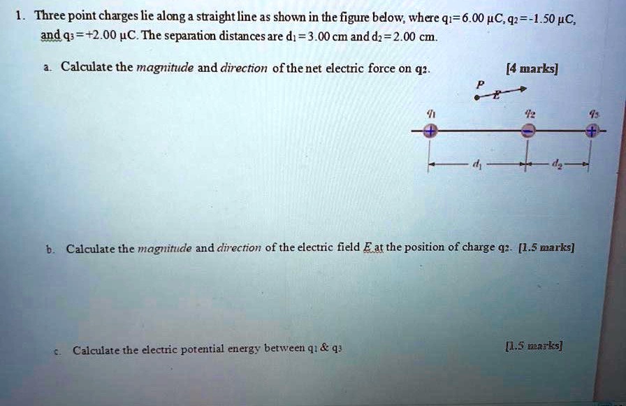 three point charges lie along straight line as shown in the figure below where q1600 pcq2 150 uc ...