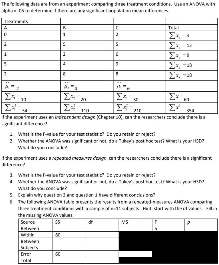 the following data are from an experiment comparing three treatment ...