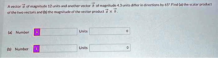 SOLVED: Texts: A vector a of magnitude 12 units and another vector b of magnitude 4.3 units ...