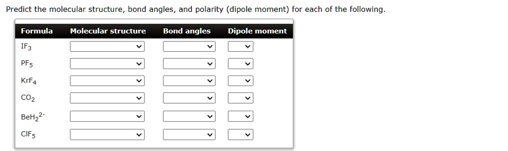 SOLVED: Predict the molecular structure, bond angles, and polarity (dipole moment) for each of ...