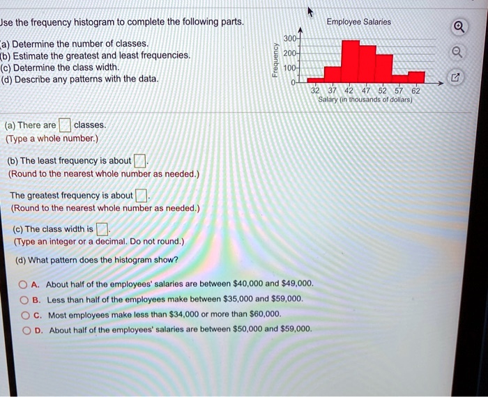 SOLVED: Use the frequency histogram to complete the following parts: Employee Salaries a ...