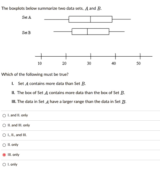 SOLVED: The boxplots below summarize two data sets; 4 and B Set A Set B Which of the following ...