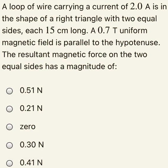 SOLVED: A loop of wire carrying a current of 2.0 A is in the shape of a right triangle with two ...