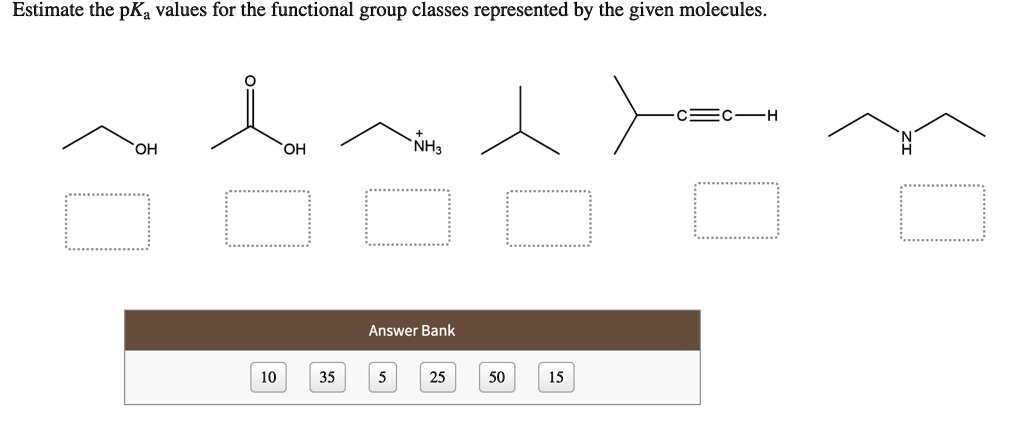 SOLVED: Estimate the pKa values for the functional group classes represented by the given ...
