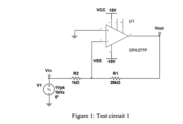 VCC 15V U1 3 Vout 6 2 OPA277P VEE -15V Vin 2 R2 R1 1?? 20?? V1 1Vpk ...