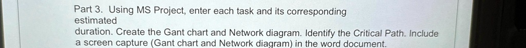 SOLVED: Part 3: Using MS Project, enter each task and its corresponding ...