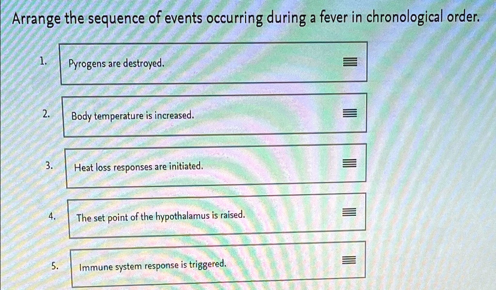 Arrange the sequence of events occurring during a fever in chronological order. 1. Pyrogens are ...