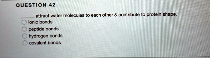 SOLVED: QuesTion 42 attract water molecules to each other contribute to protein shape: ionic ...