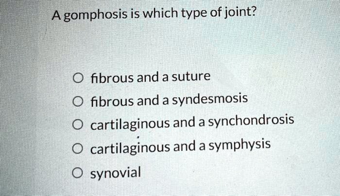 SOLVED: A gomphosis is which type of joint? O fibrous and a suture O ...