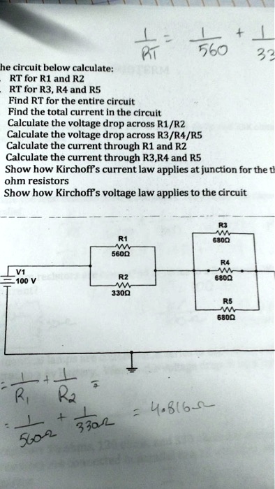 The circuit below calculate: - RT for R1 and R2 RT for R3, R4 and R5 Find RT for the entire ...