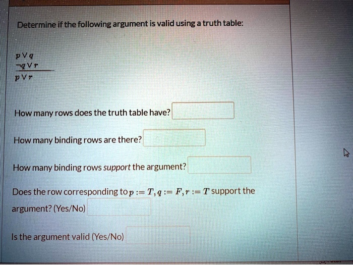 SOLVED: Determine if the following argument is valid using a truth table: P âˆ§ Â¬Q â†’ R How ...