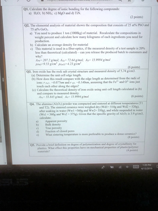 q1 calculate the degree of ionic bonding for the following compounds ...
