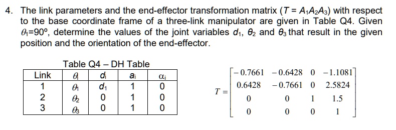 SOLVED: The link parameters and the end-effector transformation matrix (T = A, AA) with respect ...