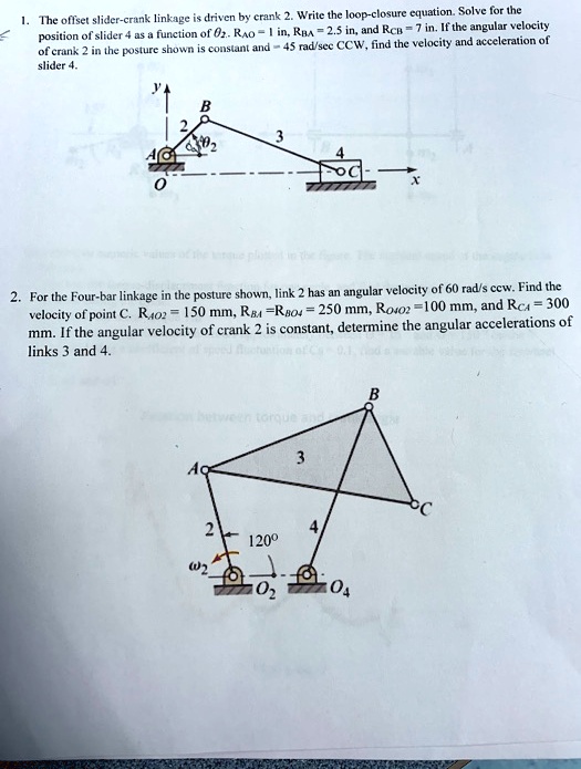 1. The offset slider-crank linkage is driven by crank 2. Write the loop-closure equation. Solve ...