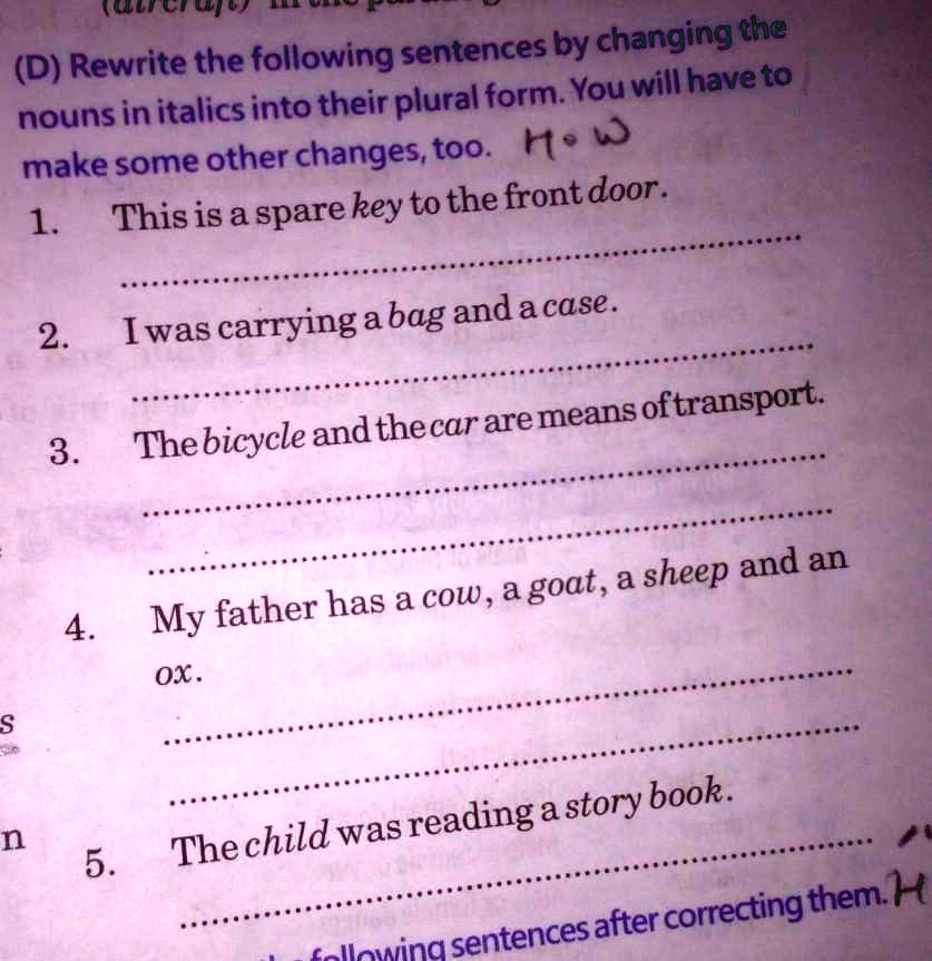 SOLVED: '(D) rewrite the following sentences by changing the nouns in italics into their plural ...