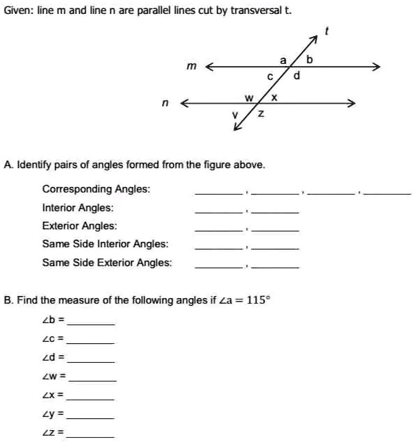 SOLVED: Given: line m and line n are parallel lines cut by transversal A Identify pairs of ...