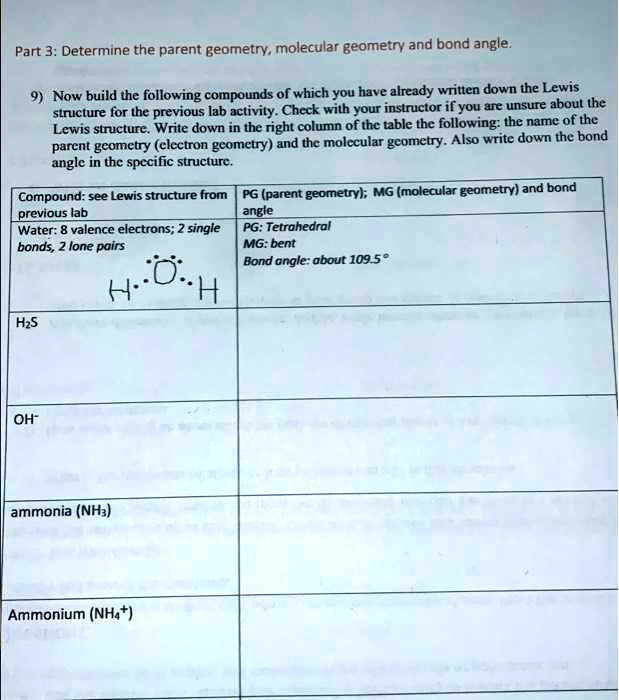 SOLVED: Part 3: Determine the parent geometry, molecular geometry, and ...