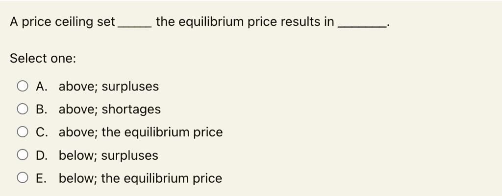 SOLVED: A price ceiling set the equilibrium price results in Select one: A. above; surpluses B ...