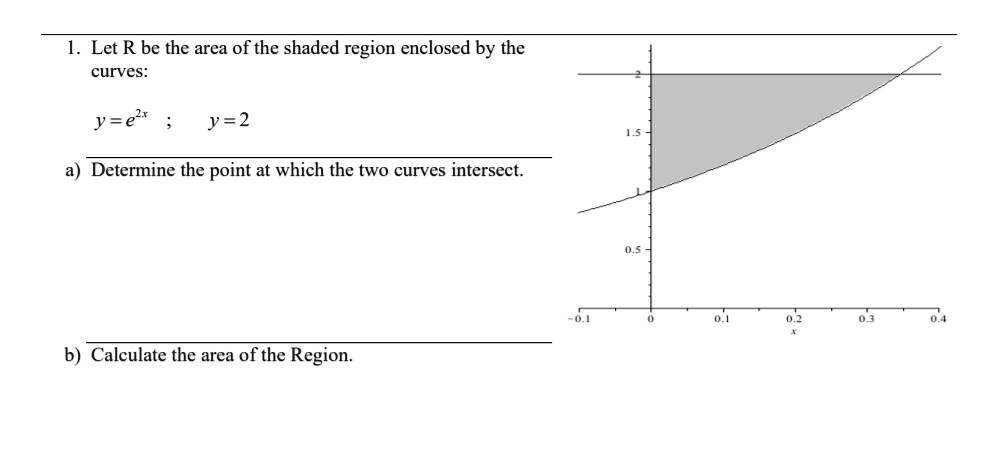 1. Let R be the area of the shaded region enclosed by the curves: y = e^2x ; y = 2 a) Determine ...