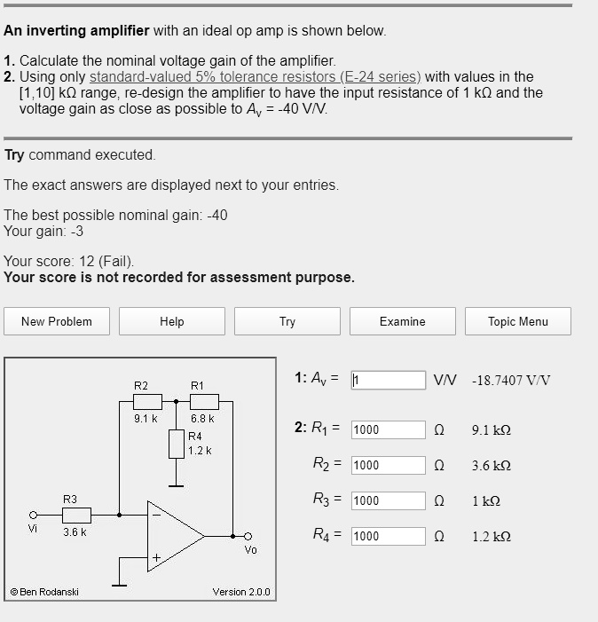 SOLVED: An inverting amplifier with an ideal op amp is shown below. 1. Calculate the nominal ...