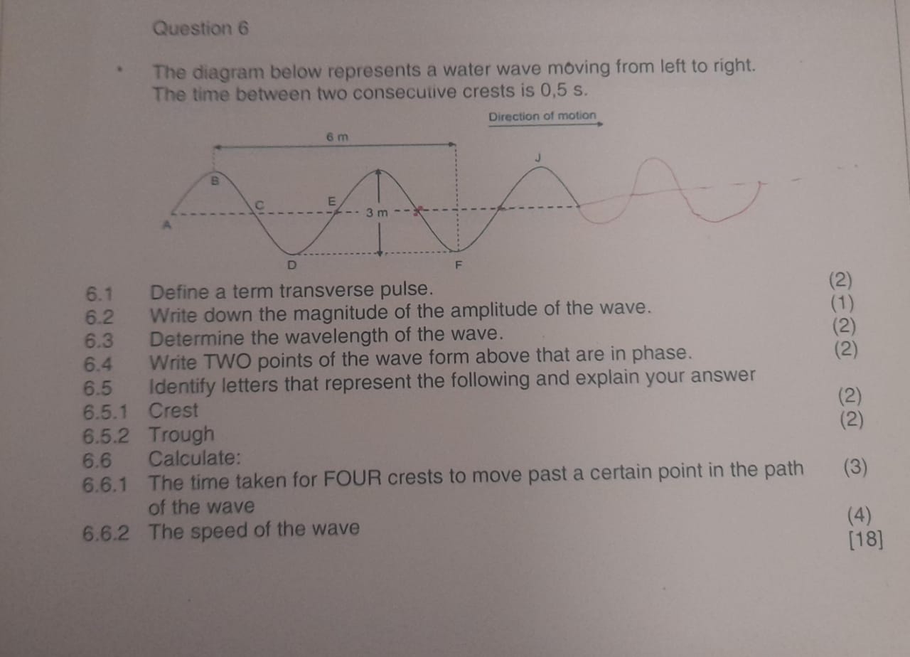 Question 6 The diagram below represents a water wave moving from left ...