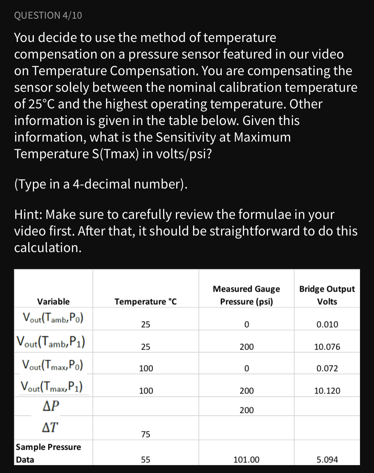 QUESTION 4/10 You decide to use the method of temperature compensation ...